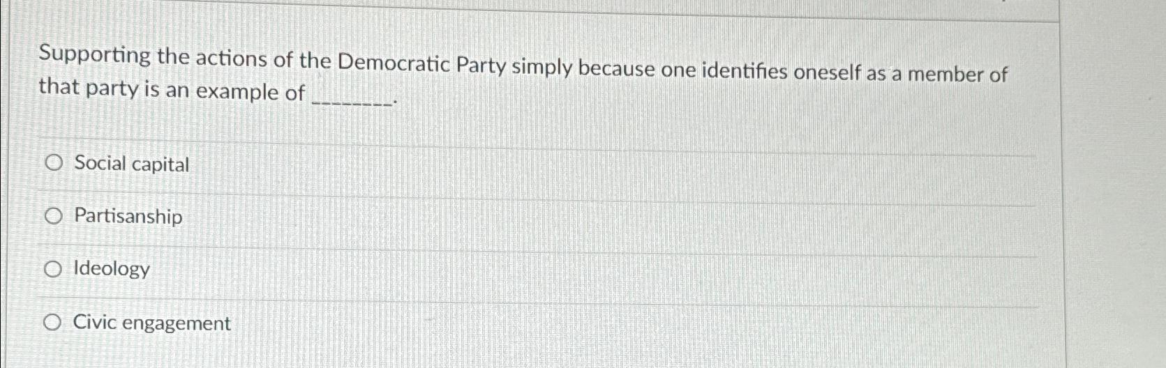 Solved Supporting the actions of the Democratic Party simply | Chegg.com