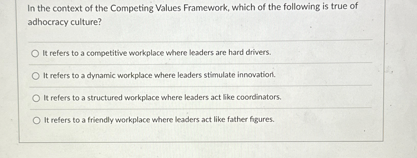 Solved In the context of the Competing Values Framework, | Chegg.com