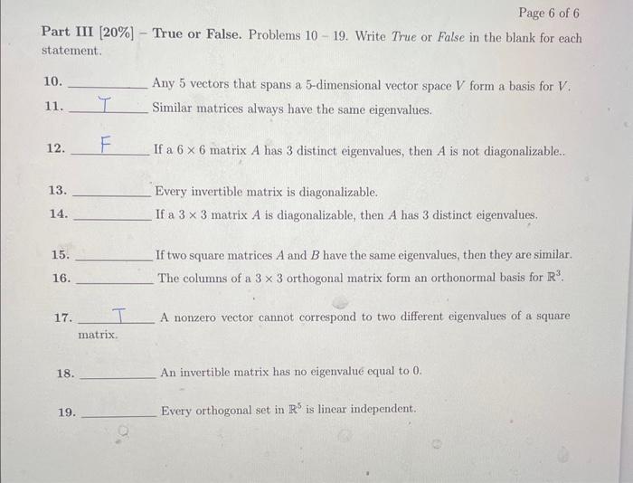 Solved Part III [20\%] - True or False. Problems 10 - 19. | Chegg.com