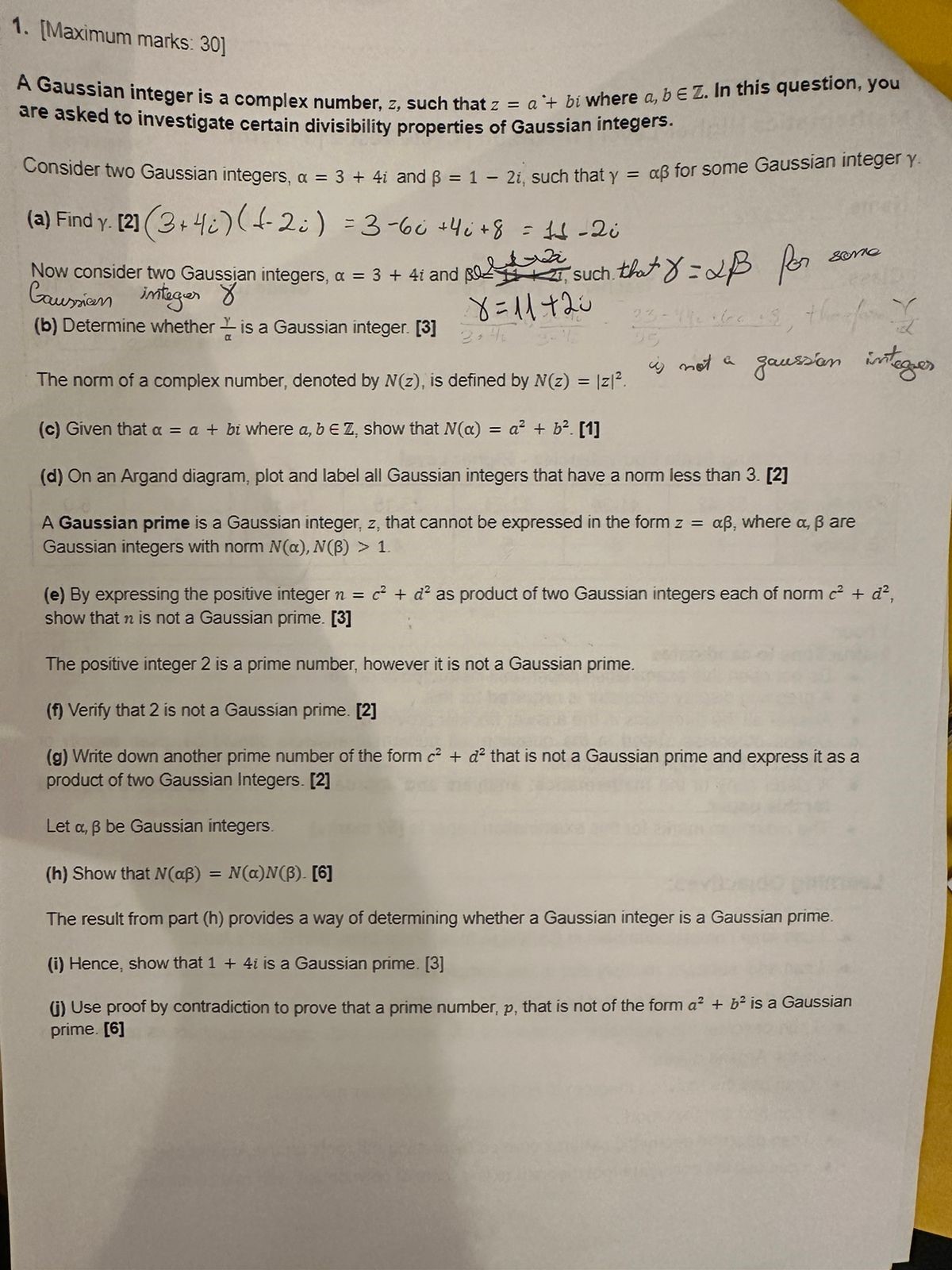 Solved Maximum Marks 30 A Gaussian Integer Is A Complex