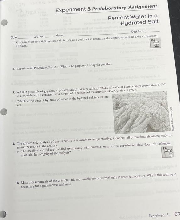 Solved Experiment 5 Prelaboratory Assignment Percent Water | Chegg.com