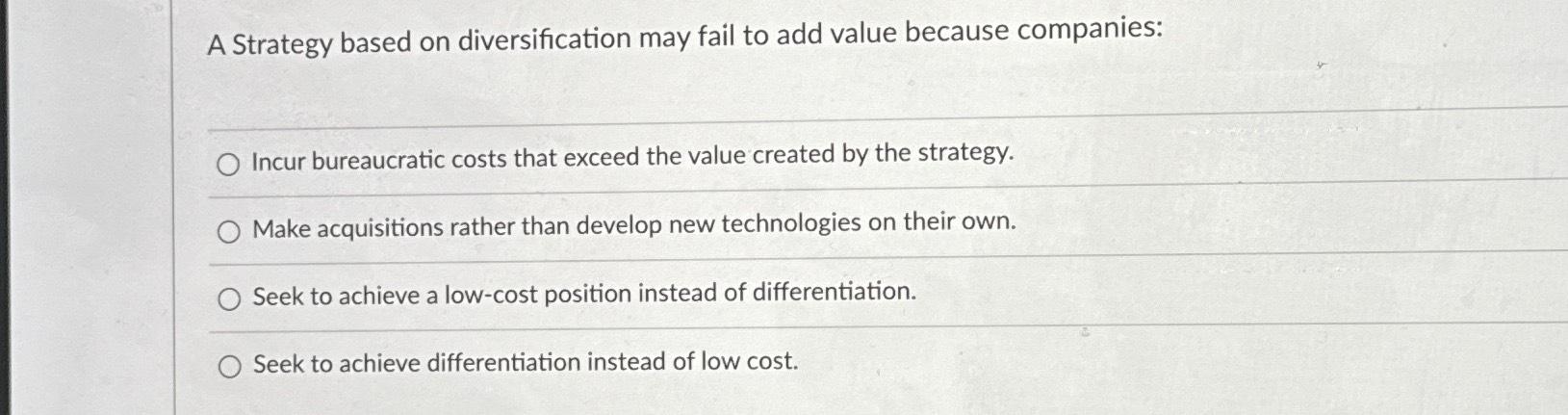 Solved A Strategy based on diversification may fail to add | Chegg.com
