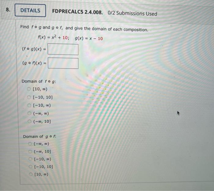 Solved Find f∘g and g∘f, and give the domain of each | Chegg.com