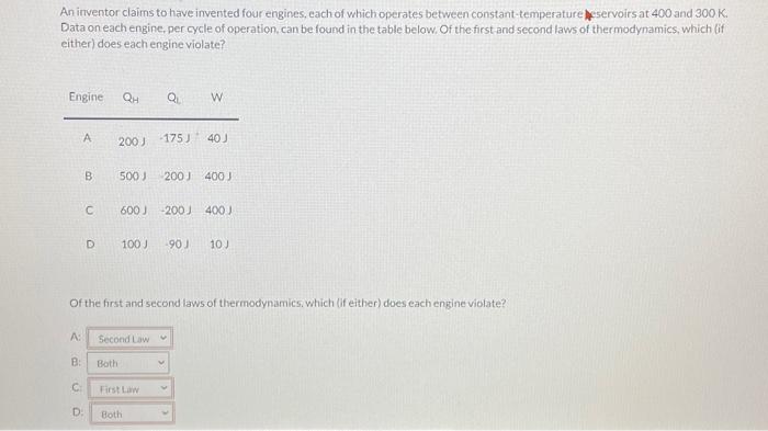 Solved An inventor claims to have invented four engines, | Chegg.com