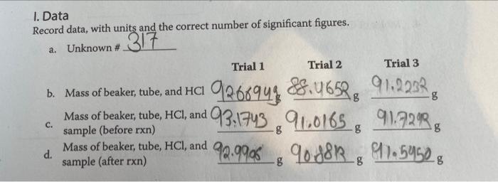 Solved I. Data Record data, with units and the correct | Chegg.com