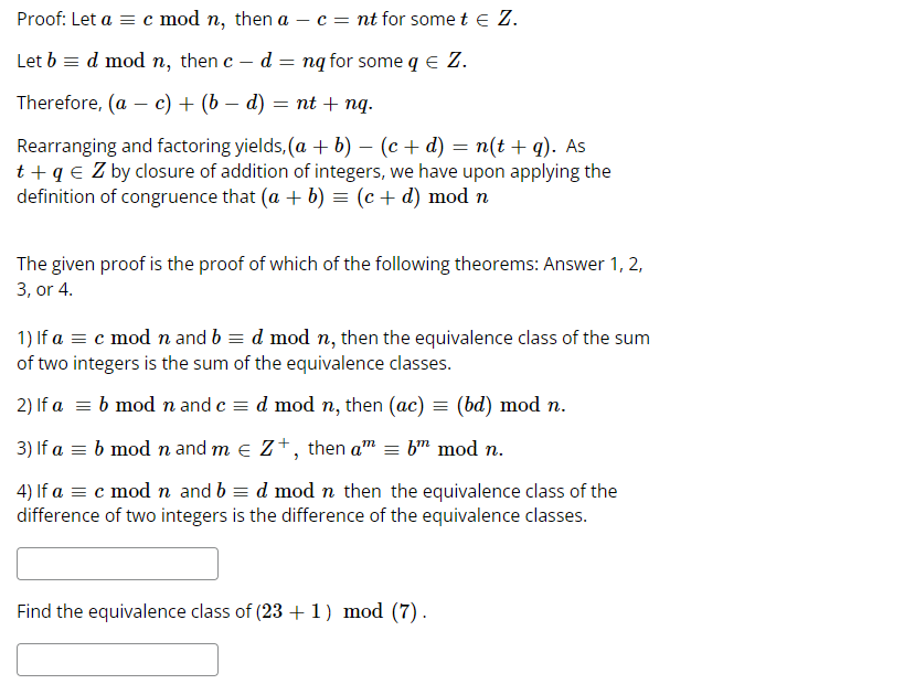 Solved Proof: Let a-=cmodn, then a-c=nt ﻿for some tinZ.Let | Chegg.com