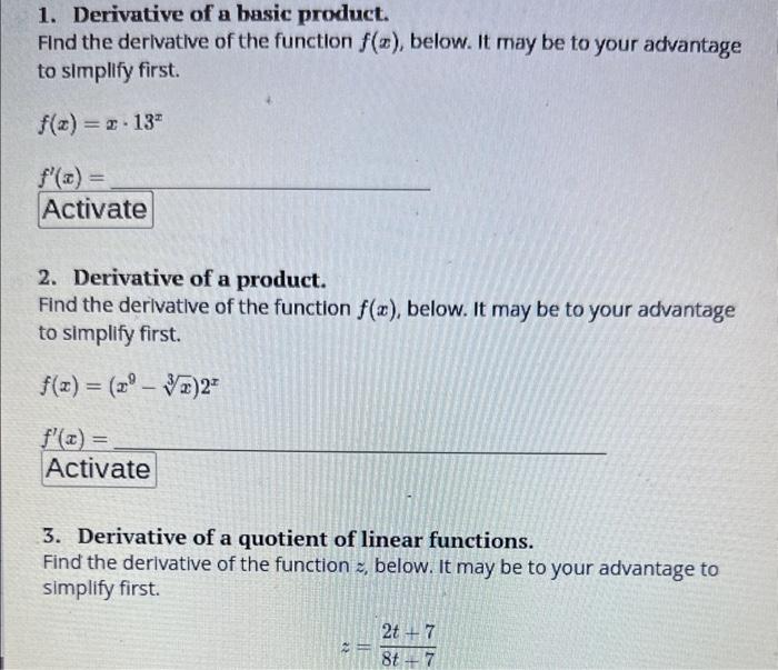 Solved 1. Derivative of a basic product. Find the derivative | Chegg.com