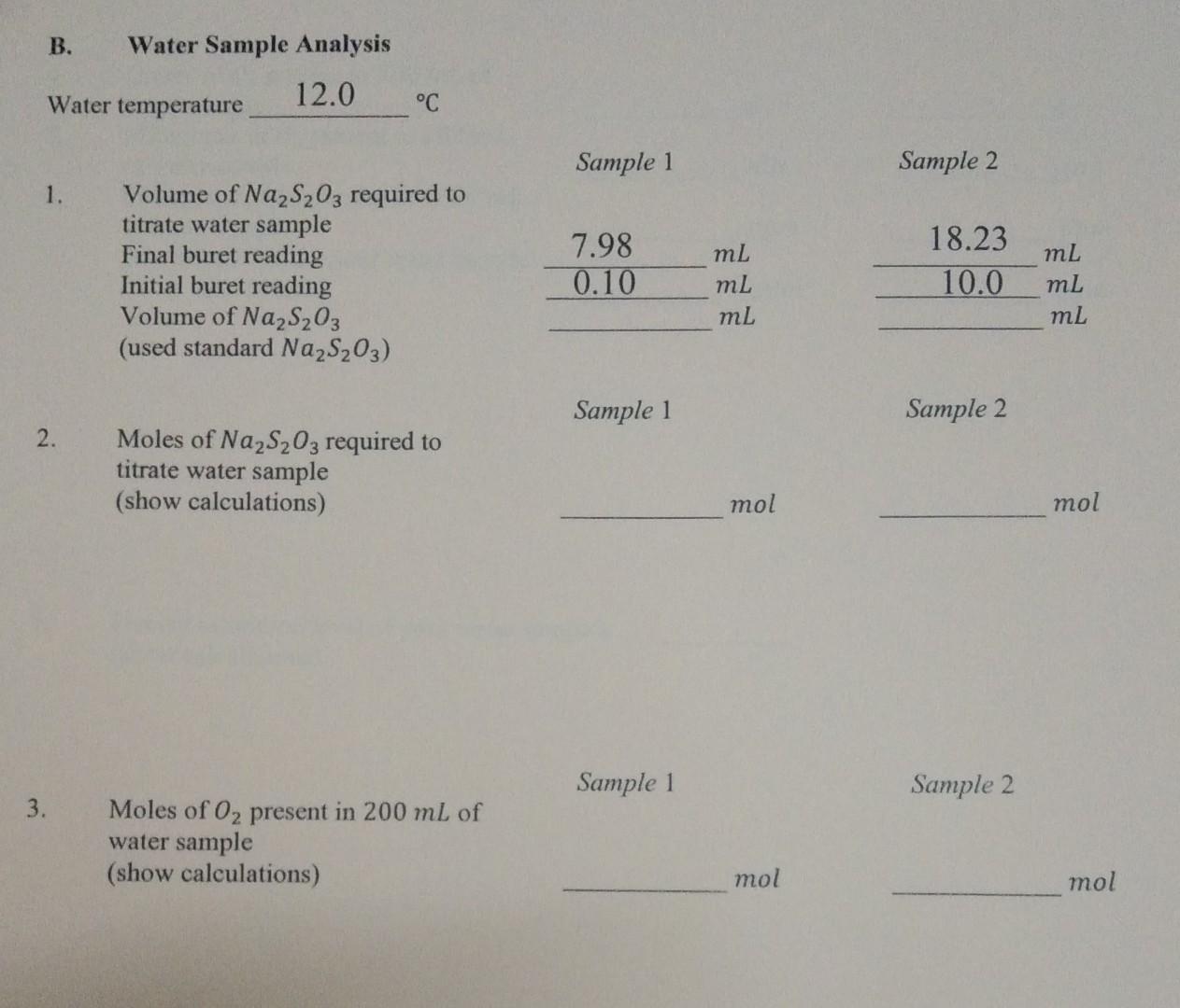 B. Water Sample Analysis Water temperature 12.0 °C | Chegg.com
