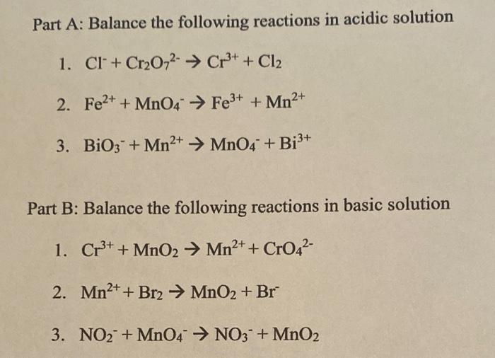 Solved Part A: Balance the following reactions in acidic | Chegg.com