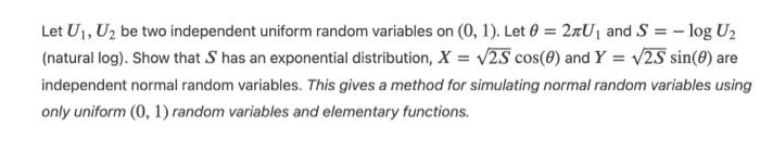 Solved Let U1,U2 be two independent uniform random variables | Chegg.com