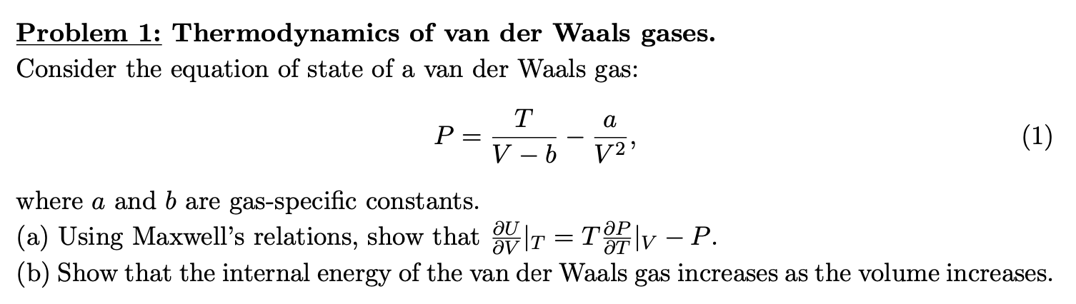 Solved Problem 1: Thermodynamics of van der Waals | Chegg.com