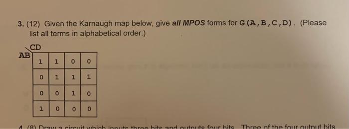Solved 3. (12) Given the Karnaugh map below, give all MPOS | Chegg.com