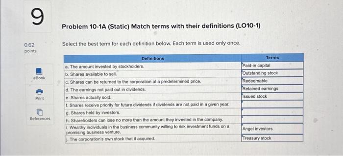 Solved Problem 10-1A (Static) Match terms with their | Chegg.com