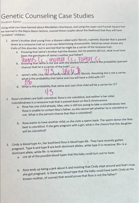 Solved Genetic Counseling Case Studies Student Name: Using | Chegg.com