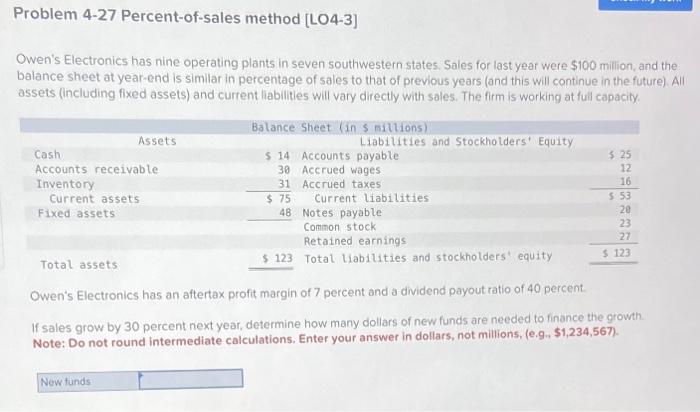 Solved Problem 4-27 Percent-of-sales method [LO4-3] Owen's | Chegg.com