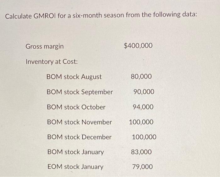 Solved Calculate GMROI for a six-month season from the | Chegg.com