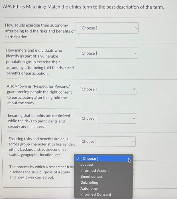 Solved APA Ethics Matching: Match the ethics term to the | Chegg.com