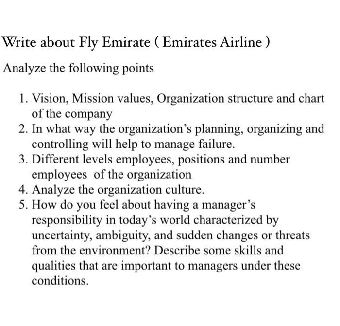 Solved Write about Fly Emirate (Emirates Airline) Analyze | Chegg.com
