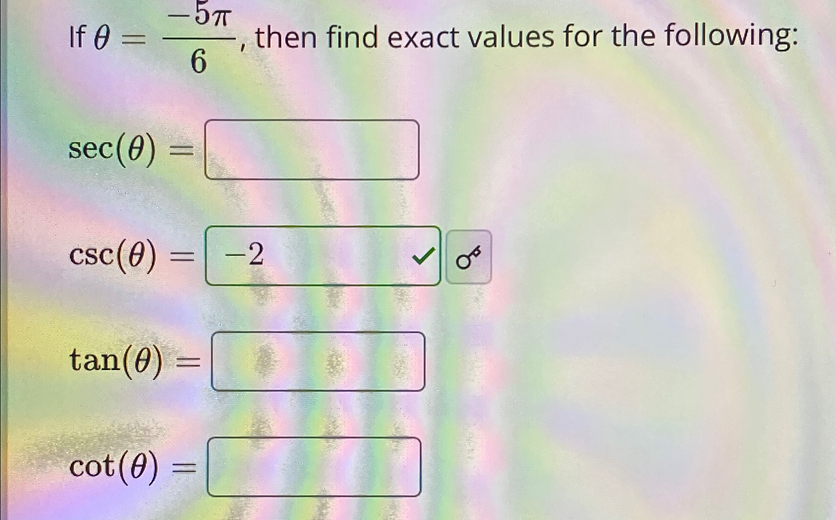 Solved If θ=-5π6, ﻿then find exact values for the | Chegg.com