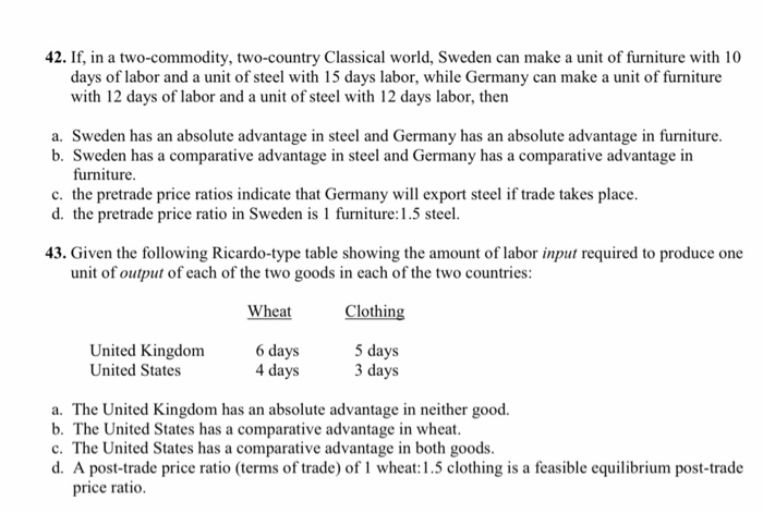 Solved 42 If In A Two Commodity Two Country Classical
