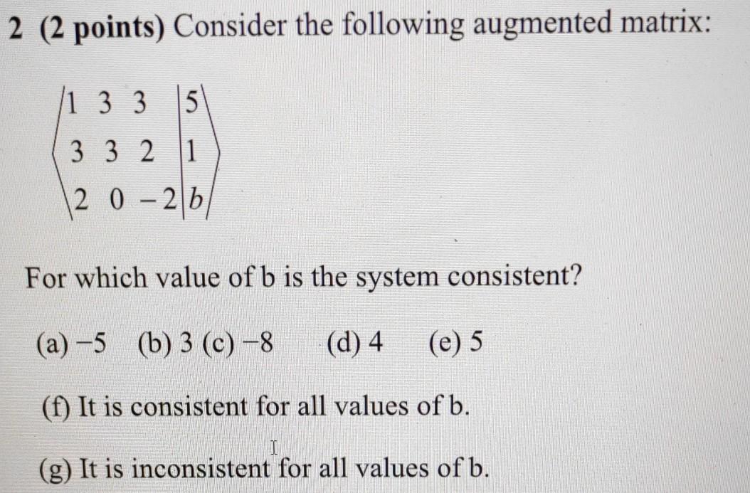 Solved 2 (2 points) Consider the following augmented matrix: | Chegg.com