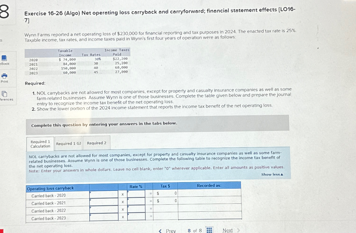 Solved Exercise 16-26 (Algo) ﻿Net operating loss carryback | Chegg.com