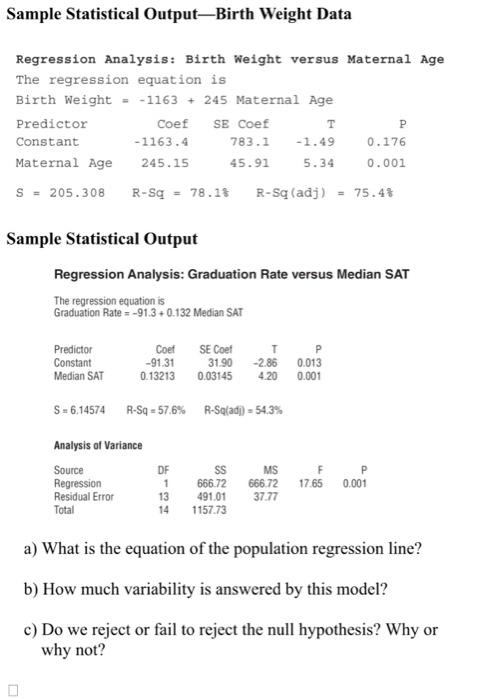 Solved Regression Analysis Birth Weight Versus Maternal Age