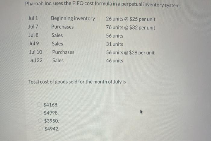 Solved Pharoah Inc. uses the FIFO cost formula in a | Chegg.com