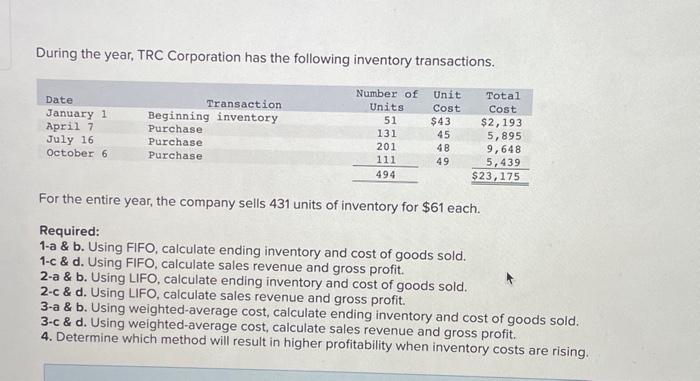 Solved During the year, TRC Corporation has the following | Chegg.com