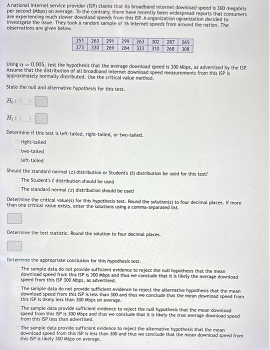 Solved A national internet service provider (ISP) claims | Chegg.com