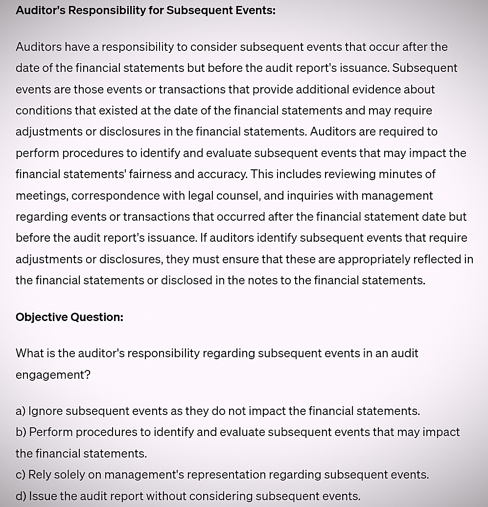 Solved Auditor's Responsibility for Subsequent | Chegg.com