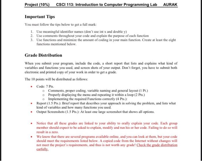 Solved Project (10%) CSCI 113: Introduction to Computer | Chegg.com