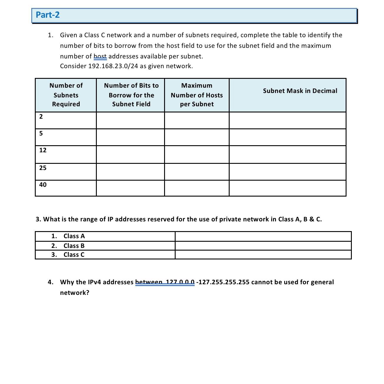 Solved Part-2Given a Class C ﻿network and a number of | Chegg.com