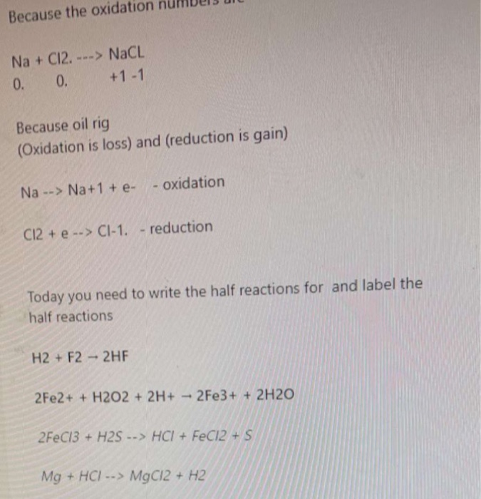 Solved Because the oxidation numbers in Na + C12. ---> NaCl | Chegg.com