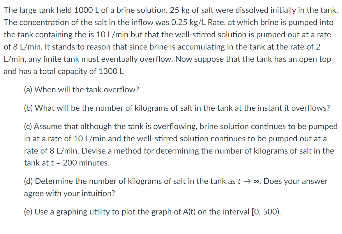 Solved The large tank held 1000L ﻿of a brine solution. 25kg | Chegg.com