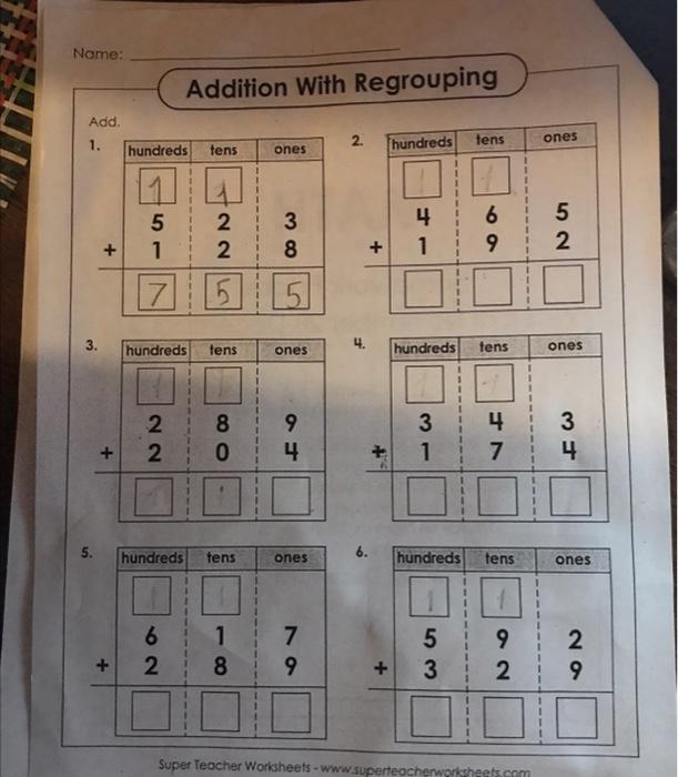 Solved Addition With Regrouping Super Teacher Workheets - | Chegg.com