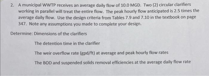 Solved 2. A municipal WWTP receives an average daily flow of | Chegg.com