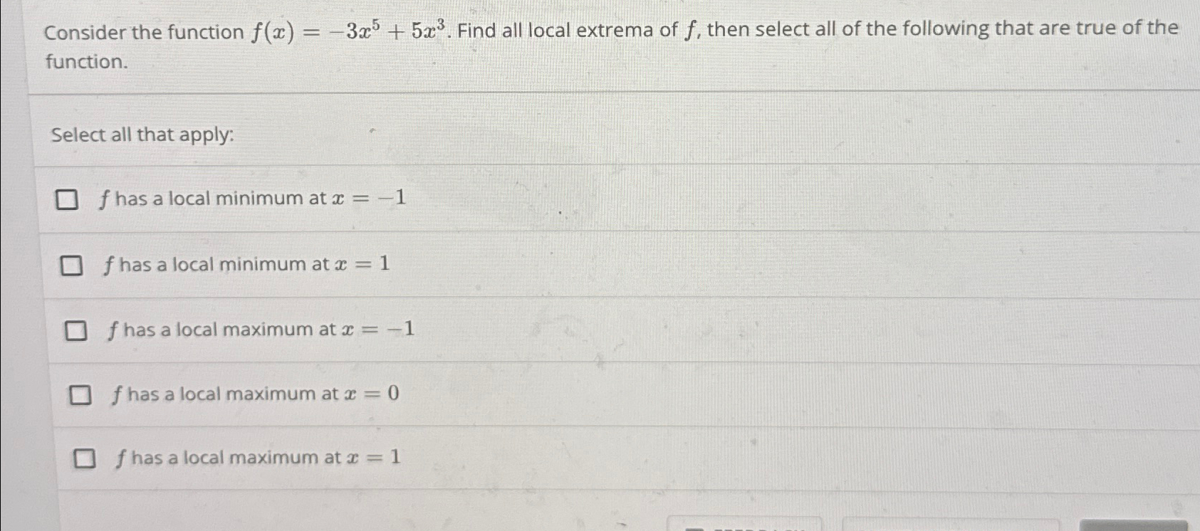 Solved Consider the function f(x)=-3x5+5x3. ﻿Find all local | Chegg.com