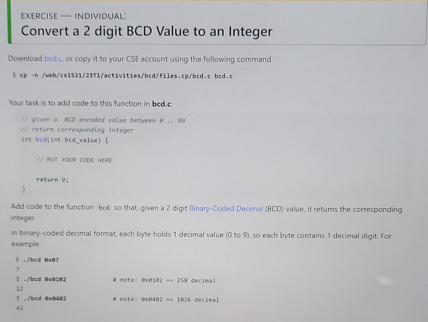 Solved EXERCISE - INDIVIDUAL: Convert a 2 digit BCD Value to | Chegg.com