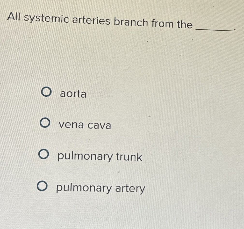 Solved All systemic arteries branch from theaortavena | Chegg.com