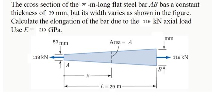 Solved The cross section of the 29 -m-long flat steel bar AB | Chegg.com