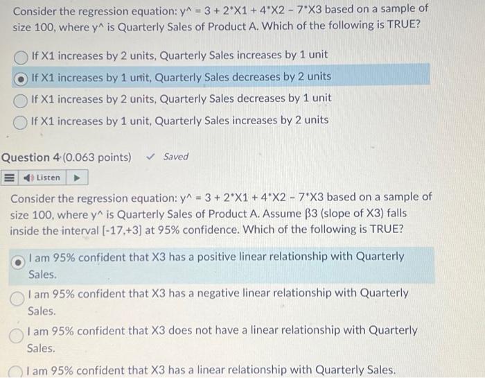 Solved Consider the regression equation: y∧=3+2∗×1+4∗×2−7∗×3 | Chegg.com