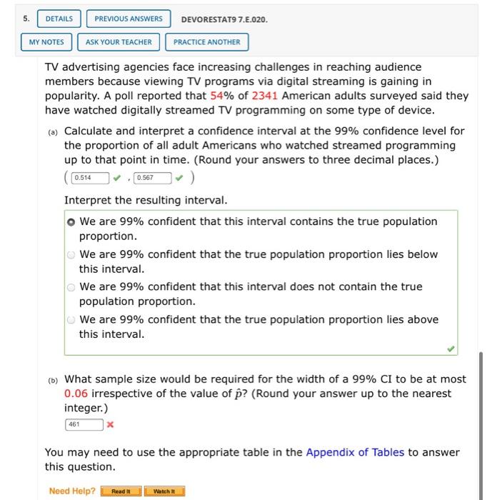 Solved 5. DETAILS PREVIOUS ANSWERS DEVORESTAT9 7.E.020. MY | Chegg.com