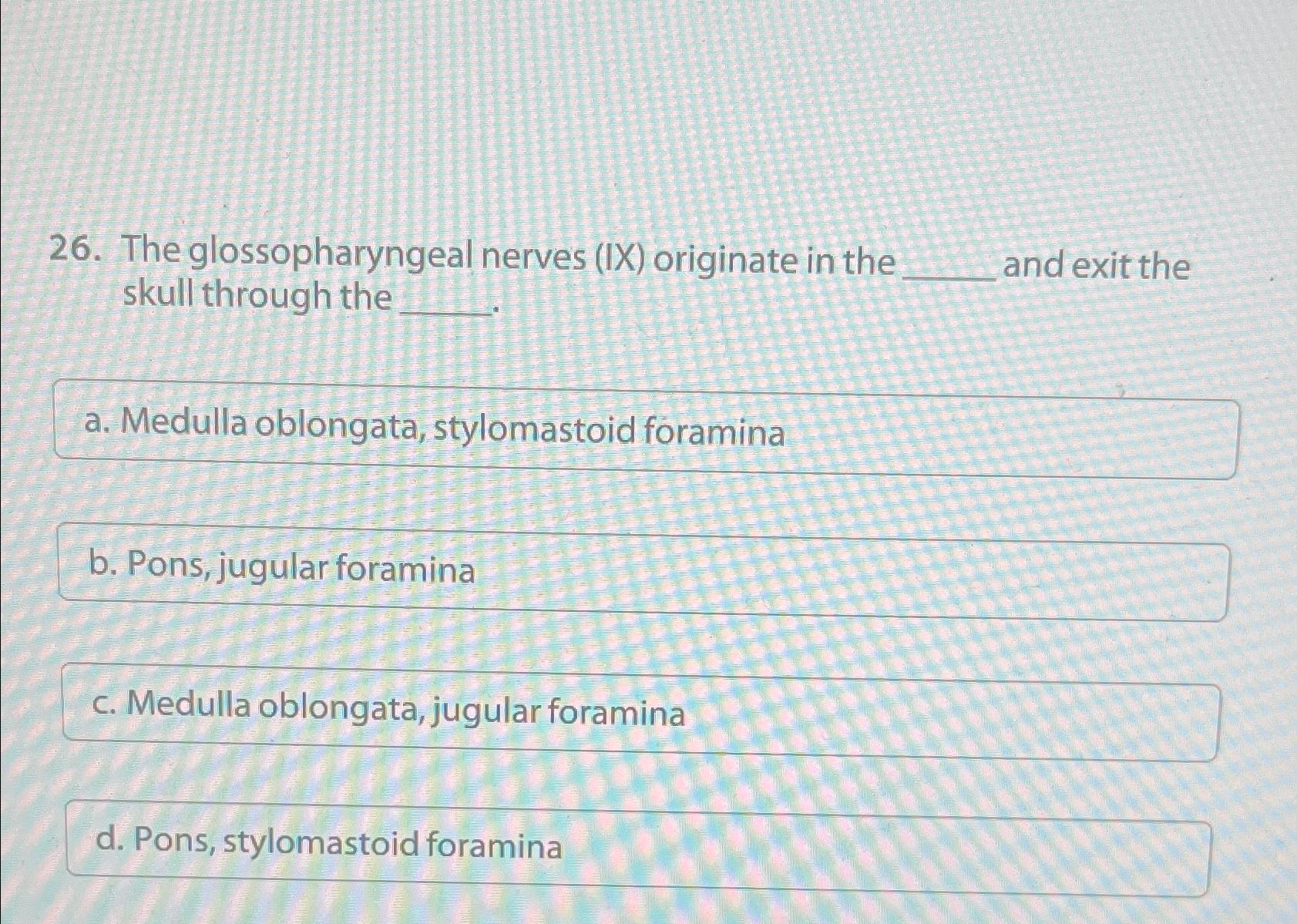 Solved The glossopharyngeal nerves (IX) ﻿originate in the | Chegg.com
