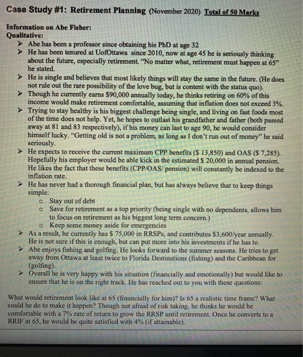 Case Study #1: Retirement Planning (November 2020) | Chegg.com