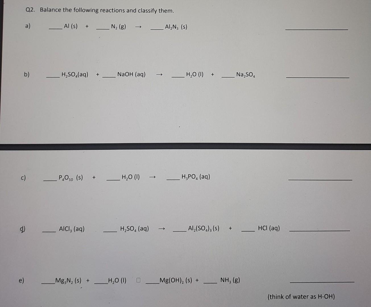 Solved Q2. Balance the following reactions and classify | Chegg.com