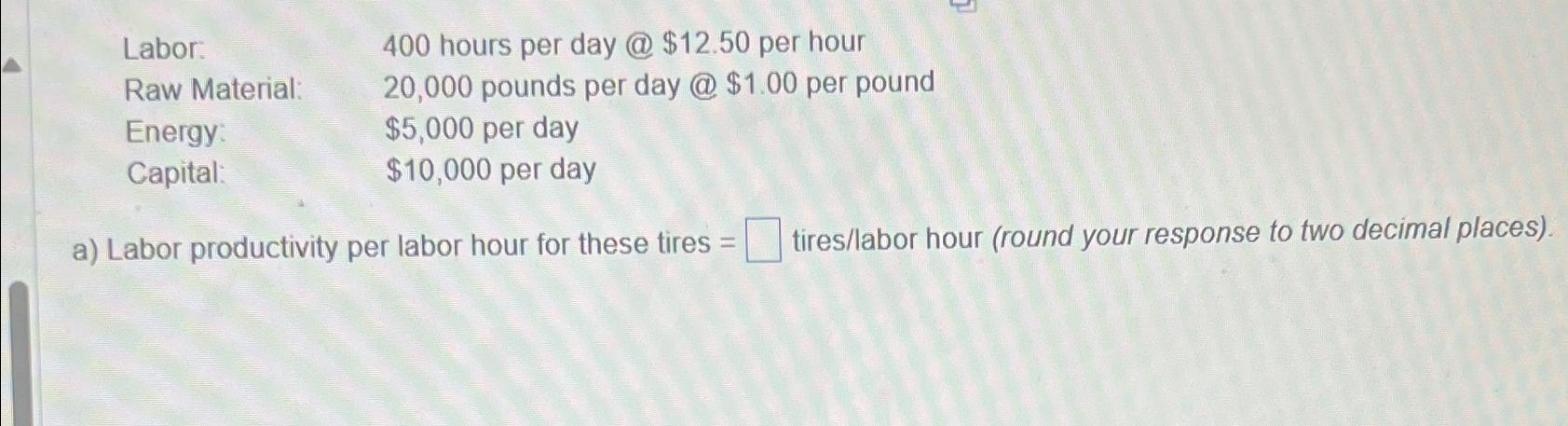 Solved \table[[Labor:,400 ﻿hours per day @ $12.50 ﻿per | Chegg.com