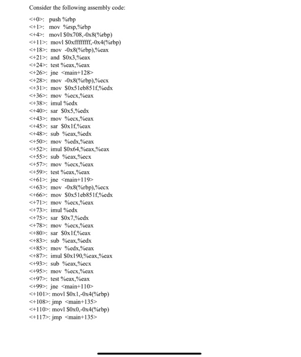 Consider the following assembly code: : push%rbp | Chegg.com