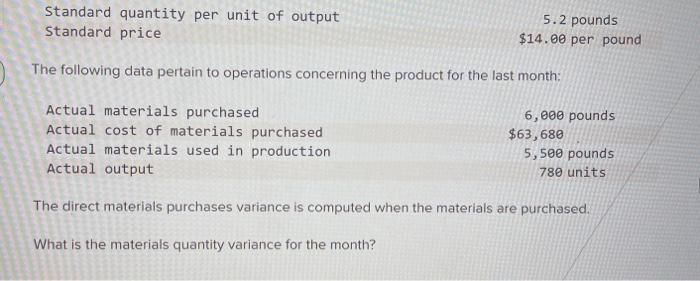 Solved Standard quantity per unit of output Standard price | Chegg.com