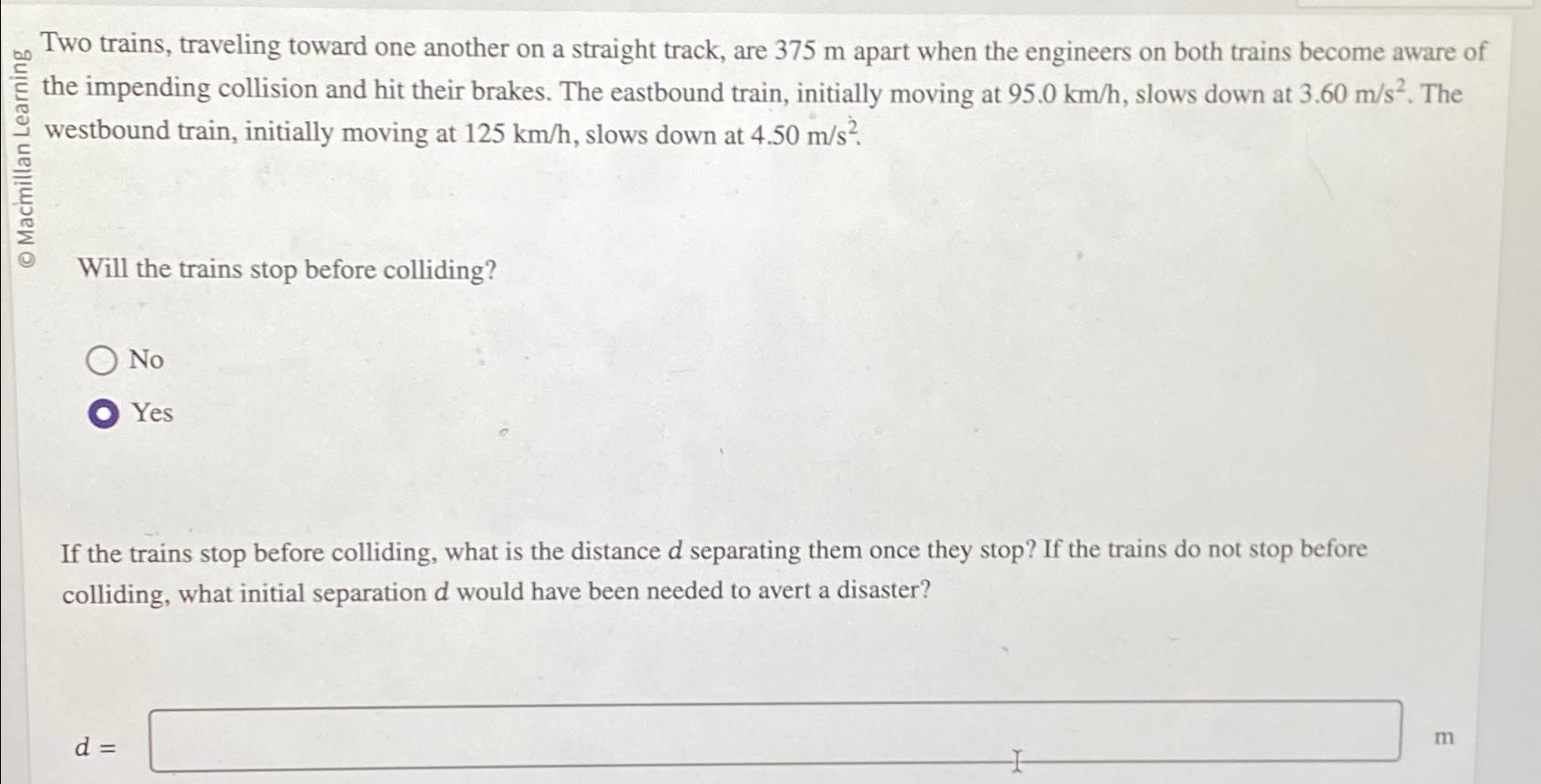 Solved Two trains, traveling toward one another on a | Chegg.com